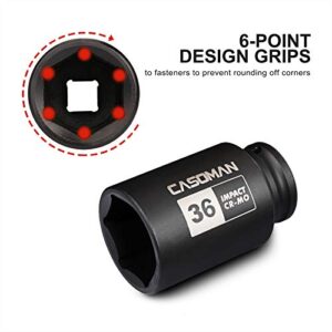 CASOMAN 1/2" Drive x 36 mm Deep 6 PT Impact Socket, CR-MO, 1/2-inch Drive 6 Point Axle Nut Socket for Easy Removal of Axle Shaft Nuts (36MM)