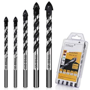 concrete & masonry professional drill bit set (5pcs) for glass/brick/plastic/cement/wood/tile/etc, industrial strength carbide drill bit tip, 1/4"-1/2" by titggi