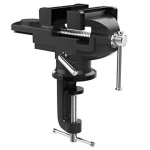 nuovoware table vise 3 inch, 360° swivel base universal home vise portable bench clamp, clamp-on vise bench clamps fixed tool for woodworking, metalworking, cutting conduit, drilling, sawing, black