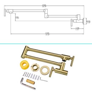 LEETCP Pot Filler Faucet Wall Mount, Brass Material, Brushed Gold Color, with Double Joint Swing Arms, 2 Handles with 2 Cartridges to Control Water (Style Brushed Gold)