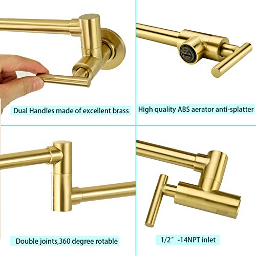 LEETCP Pot Filler Faucet Wall Mount, Brass Material, Brushed Gold Color, with Double Joint Swing Arms, 2 Handles with 2 Cartridges to Control Water (Style Brushed Gold)