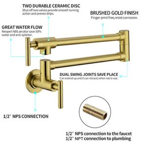 LEETCP Pot Filler Faucet Wall Mount, Brass Material, Brushed Gold Color, with Double Joint Swing Arms, 2 Handles with 2 Cartridges to Control Water (Style Brushed Gold)