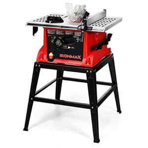 goplus table saw, 10-inch 15-amp portable table saw, 36t blade, cutting speed up to 5000rpm, 45º double-bevel cut, aluminum table, benchtop table saw with metal stand, sliding miter gauge