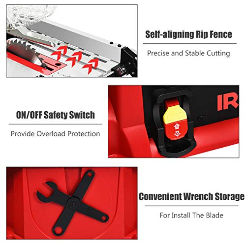 Goplus Table Saw, 10-Inch 15-Amp Portable Table Saw, 36T Blade, Cutting Speed Up to 5000RPM, 45º Double-Bevel Cut, Aluminum Table, Benchtop Table Saw with Metal Stand, Sliding Miter Gauge