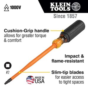 Klein Tools 6946INS 1000V Slim Tip Insulated Screwdriver, 6-Inch Round Shank, #2 Square Tip, Cushion Grip Handle