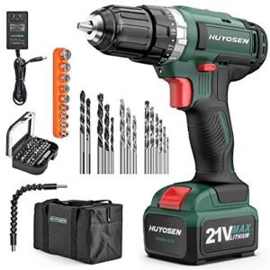 huyosen cordless drill driver, 21v professional impact drill, 46n.m torque- 3/8''auto chuck, 23+1 clutch, 57 pcs accessorie, built-in led power drill drivers set for drilling wall wood metal diys