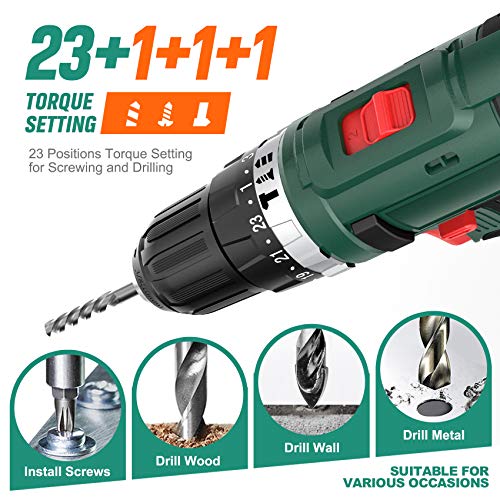 HUYOSEN Cordless Drill Driver, 21V Professional Impact Drill, 46N.M Torque- 3/8''Auto Chuck, 23+1 Clutch, 57 Pcs Accessorie, Built-in LED Power Drill Drivers Set for Drilling Wall Wood Metal DIYs