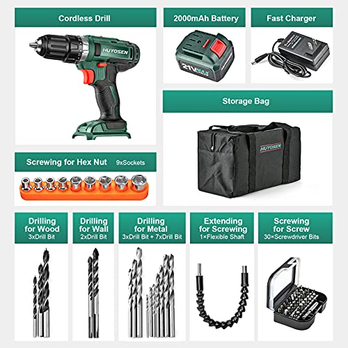 HUYOSEN Cordless Drill Driver, 21V Professional Impact Drill, 46N.M Torque- 3/8''Auto Chuck, 23+1 Clutch, 57 Pcs Accessorie, Built-in LED Power Drill Drivers Set for Drilling Wall Wood Metal DIYs