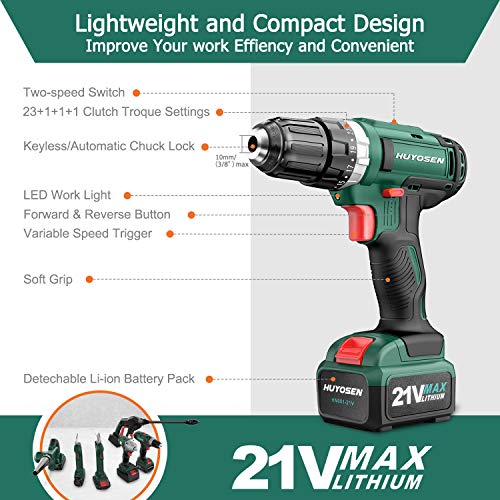 HUYOSEN Cordless Drill Driver, 21V Professional Impact Drill, 46N.M Torque- 3/8''Auto Chuck, 23+1 Clutch, 57 Pcs Accessorie, Built-in LED Power Drill Drivers Set for Drilling Wall Wood Metal DIYs