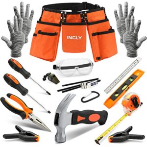 incly 18pcs kid hand tool set, boy builder's tool set with real hand tools, kids tool belt waist 20"-32", toddlers learning tool kit hammer screwdriver plier for home diy woodworking play