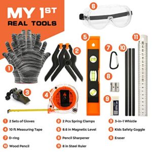 INCLY 18PCS Kid Hand Tool Set, Boy Builder's Tool Set with Real Hand Tools, Kids Tool Belt Waist 20"-32", Toddlers Learning Tool Kit Hammer Screwdriver Plier for Home DIY Woodworking Play