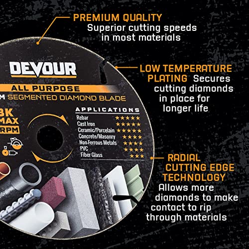 Devour 4.5" All Purpose Segmented Diamond Blade for Cutting Rebar, Cast Iron, Concrete, Pavers, Tile, Granite, Laminate, PVC & More, Made in USA, 7/8" Arbor & Comes with a 5/8" Reducer Ring