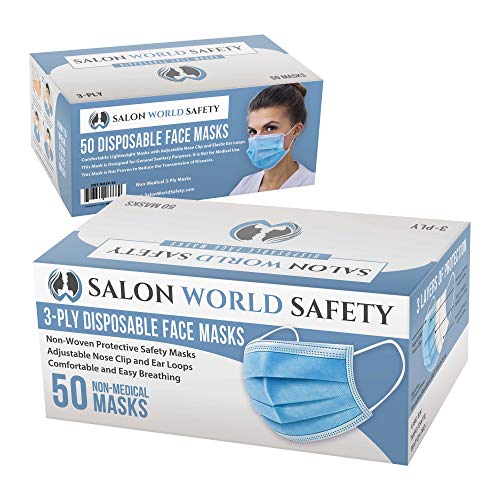 TCP Global Salon World Safety - Sealed Dispenser Box of 50 Face Masks Breathable Disposable 3-Ply Protective PPE with Nose Clip and Ear Loops