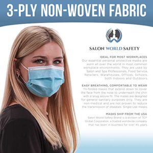 TCP Global Salon World Safety - Sealed Dispenser Box of 50 Face Masks Breathable Disposable 3-Ply Protective PPE with Nose Clip and Ear Loops