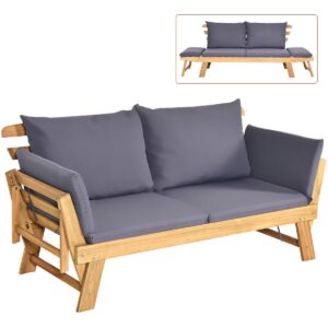 tangkula acacia wood patio convertible couch sofa bed with adjustable armrest, outdoor daybed with cushion & pillow, folding chaise lounge bench ideal for porch courtyard poolside (dark grey)