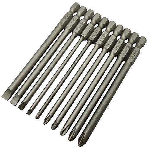 YDLQWCZ Long Slotted Head and Cross Phillips Screwdriver Bit Sets with 1/4 Inch Hex Shank 4 inch Lenght 4pcs Slotted Head and 6pcs Philips Cross Head Screw Driver Bits (10Pcs Slotted + Cross 100mm)