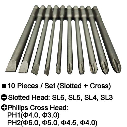 YDLQWCZ Long Slotted Head and Cross Phillips Screwdriver Bit Sets with 1/4 Inch Hex Shank 4 inch Lenght 4pcs Slotted Head and 6pcs Philips Cross Head Screw Driver Bits (10Pcs Slotted + Cross 100mm)