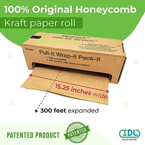 IDL Packaging HexcelWrap Cushioning Kraft Paper 15.25" x 300' in Self-Dispensed Box – Eco-Friendly Honeycomb Alternative to Bubble Wrap – Innovative Packing Paper Roll for Shipping and Moving