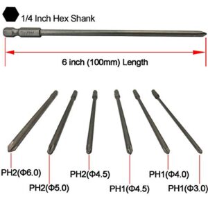 YDLQWCZ Long Phillips Cross Screwdriver Bit Sets PH1(Φ3.0) PH1(Φ4.0) PH1(Φ4.5) PH2(Φ4.5) PH2(Φ5.0) PH2(Φ6.0) 6 Pieces 6 Inch Length S2 Steel Cross Phillips Screwdriver Bit Set(6Pcs Cross Head)