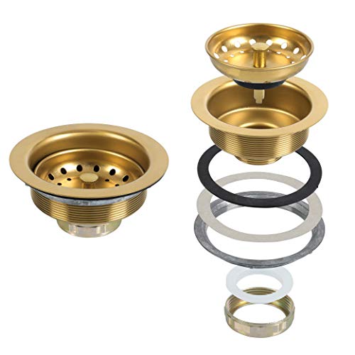 LQS Kitchen Sink Drain Assembly, Sink Drain Basket Strainer 304 Stainless Steel with Removable Sink Strainer Basket and Stopper 3-1/2-inches Gold