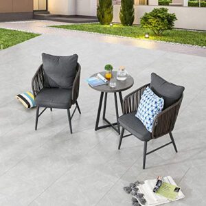 LOKATSE HOME Outdoor 3 Piece Bistro Set Patio Wicker Modern Balcony Furniture Include 2 Chairs with Seat and Back Cushions and 1 Coffee, Black Table Top