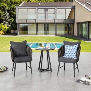 lokatse home outdoor 3 piece bistro set patio wicker modern balcony furniture include 2 chairs with seat and back cushions and 1 coffee, black table top