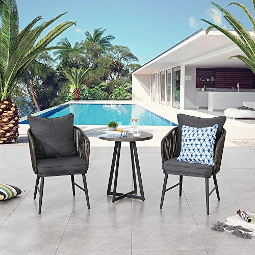 LOKATSE HOME Outdoor 3 Piece Bistro Set Patio Wicker Modern Balcony Furniture Include 2 Chairs with Seat and Back Cushions and 1 Coffee, Black Table Top