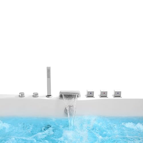 Empava 59 in. Acrylic Alcove Whirlpool Bathtub - Hydromassage Rectangular Jetted Soaking Tub with Center Drain - Waterfall Faucet