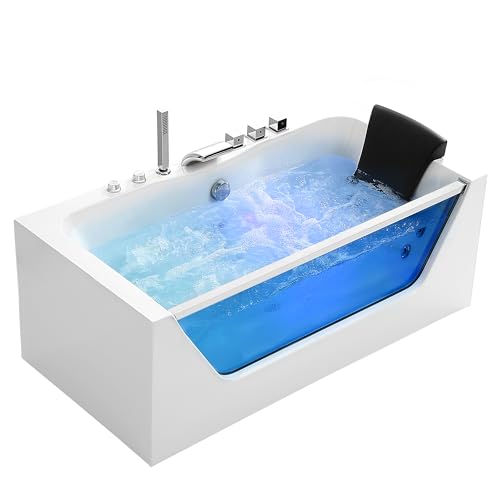 Empava 59 in. Acrylic Alcove Whirlpool Bathtub - Hydromassage Rectangular Jetted Soaking Tub with Center Drain - Waterfall Faucet