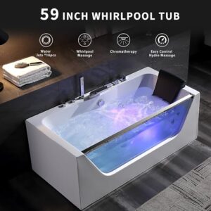 Empava 59 in. Acrylic Alcove Whirlpool Bathtub - Hydromassage Rectangular Jetted Soaking Tub with Center Drain - Waterfall Faucet