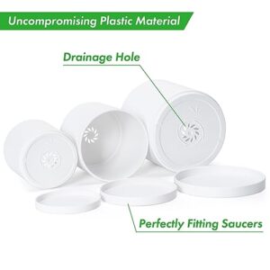 D'vine Dev 4 Inch 5 Inch 6 Inch, Set of 3 Plastic Planter Pots for Plants with Drainage Hole and Seamless Saucers, White Color, Small, 74-E-S-1