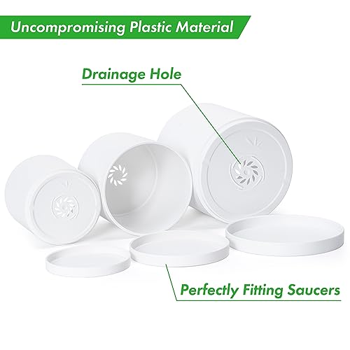 D'vine Dev 4 Inch 5 Inch 6 Inch, Set of 3 Plastic Planter Pots for Plants with Drainage Hole and Seamless Saucers, White Color, Small, 74-E-S-1