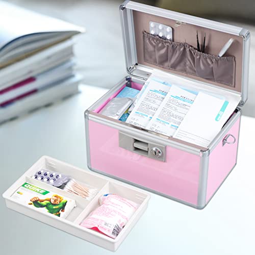 xydstay Medicine Lock Box,First Aid Safe Medication Storage Box,Layered Aluminum Daily Medicine Cabinet Family Use,12.2" x 7.9" x 7.5", Pink