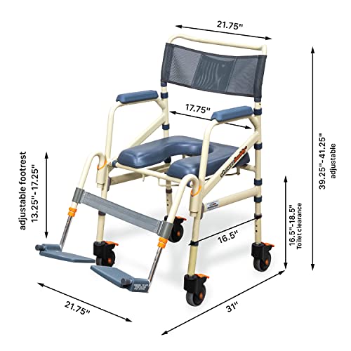 Durable Aluminum Lightweight Folding Shower Chair - Bathroom Wheelchairs Combo with Flip-Up Removable Footrests - Shower Wheelchair for Elderly and Disabled, Shower Chairs for Seniors - Shower Buddy