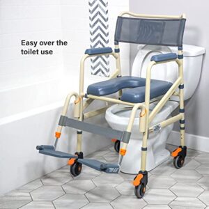 Durable Aluminum Lightweight Folding Shower Chair - Bathroom Wheelchairs Combo with Flip-Up Removable Footrests - Shower Wheelchair for Elderly and Disabled, Shower Chairs for Seniors - Shower Buddy