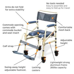 Durable Aluminum Lightweight Folding Shower Chair - Bathroom Wheelchairs Combo with Flip-Up Removable Footrests - Shower Wheelchair for Elderly and Disabled, Shower Chairs for Seniors - Shower Buddy