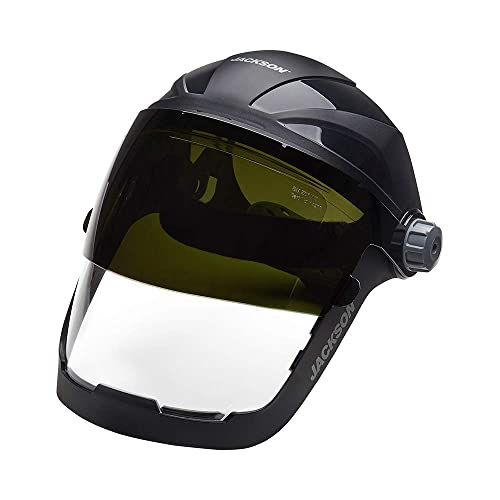 Jackson Safety QUAD500 Face Shield with Shade 5 IR Welding Visor, Ratcheting, Clear Tint, Anti-Fog Coating, Black, 14230