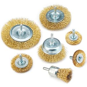 tilax wire brush wheel cup brush set 7 piece, wire brush for drill 1/4 inch arbor 0.0118 inch coarse brass coated crimped wire wheel for used to clean rust, flakes and abrasives drill attachment