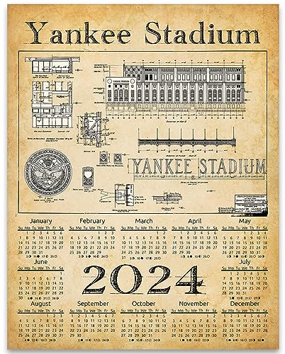 2024 Calendar - Yankee Stadium of New York Blueprints - 11x14 Unframed Calendar Art Print - Great Gift and Decor for Sports Bar and Baseball Fans Under $15