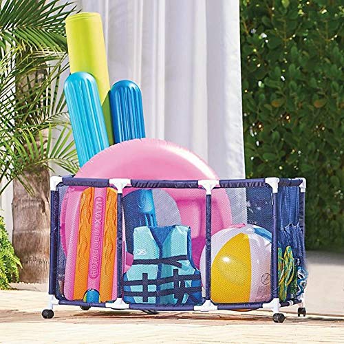 Modern Blue Rolling Pool Toy Storage Cart Bin - 42 Inch L x 24 Inch D x 26 Inch H - Easier Height For Kids Reach - Pool Float Storage Organizer