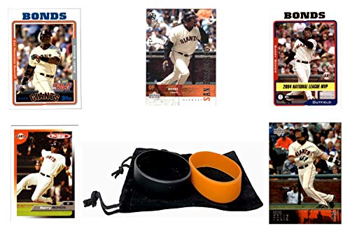 Barry Bonds Baseball Cards (5) ASSORTED San Francisco Giants Trading Card and Wristbands Gift Bundle