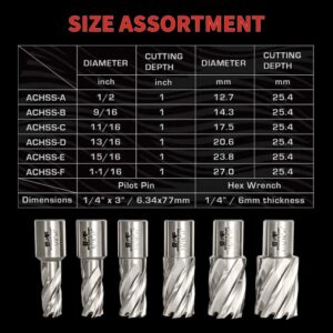 Annular Cutter Set 6 Pcs, Weldon Shank 3/4”, Cutting Depth 1”, Outside Diameter 1/2 to 1-1/16 Inch, Mag Drill Bits Kit for Magnetic Drill Press by S&F STEAD & FAST