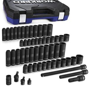 workpro 1/2" drive impact socket set with extension bars, premium cr-v steel, complete 55-piece, sae and metric sockets with enhanced storage case