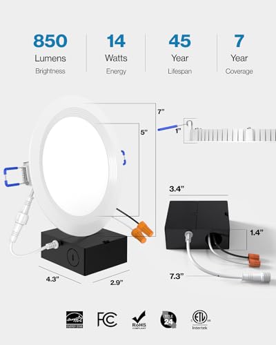 Sunco 16 Pack 6 Inch Ultra Thin LED Recessed Ceiling Lights Slim, 6000K Daylight Deluxe, Dimmable 14W, Baffle Trim Damp Rated, Canless Wafer Thin with Junction Box