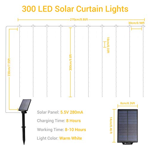 Solar Curtain String Lights Outdoor - 300 LED Fairy Window Powered IP65 Waterproof, Twinkle 8 Modes for Home Garden Patio Porch Backyard Wedding Party Christmas