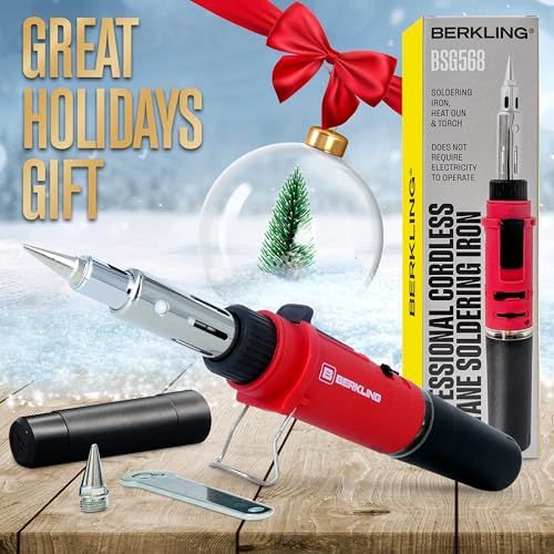 Berkling BSG-568 3-IN-1 Cordless Butane Gas Soldering Iron, Heat Gun Blower, Mini Torch - Self-Ignite, Instant Start, Rechargeable, Light Weight, Portable, Adjustable Flame Control, Up to 90 Mins