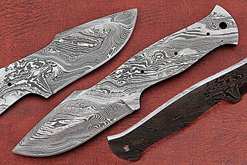 8 inches Long Hand Forged Damascus Steel Clip Point Blank Blade Skinning Knife, 4" Scale Space with 3 Pins & an Inserting Hole Space 3.5 inches Cutting Edge