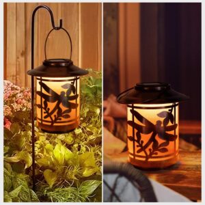 solar lantern lights outdoor, dragonfly waterproof metal hanging solar lights decorative for garden, patio, courtyard and tabletop (dragonfly)