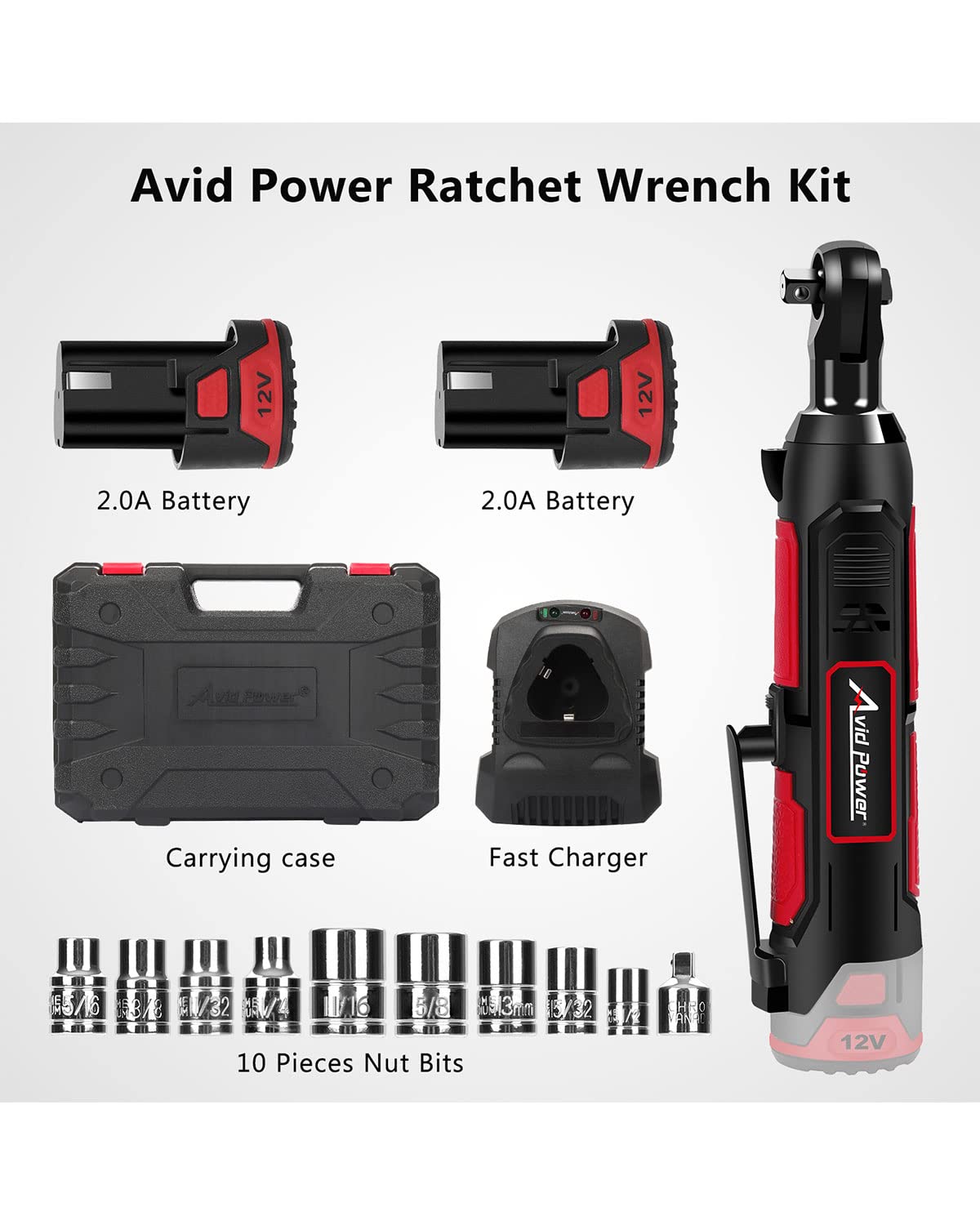 AVID POWER Cordless Electric Ratchet Wrench, 3/8" 50N.m (37 Ft-lbs) 12V Power Ratchet Wrench Kit w/Two 2.0Ah Batteries, 1-Hour Fast Charger, Variable Speed and 10 Sockets