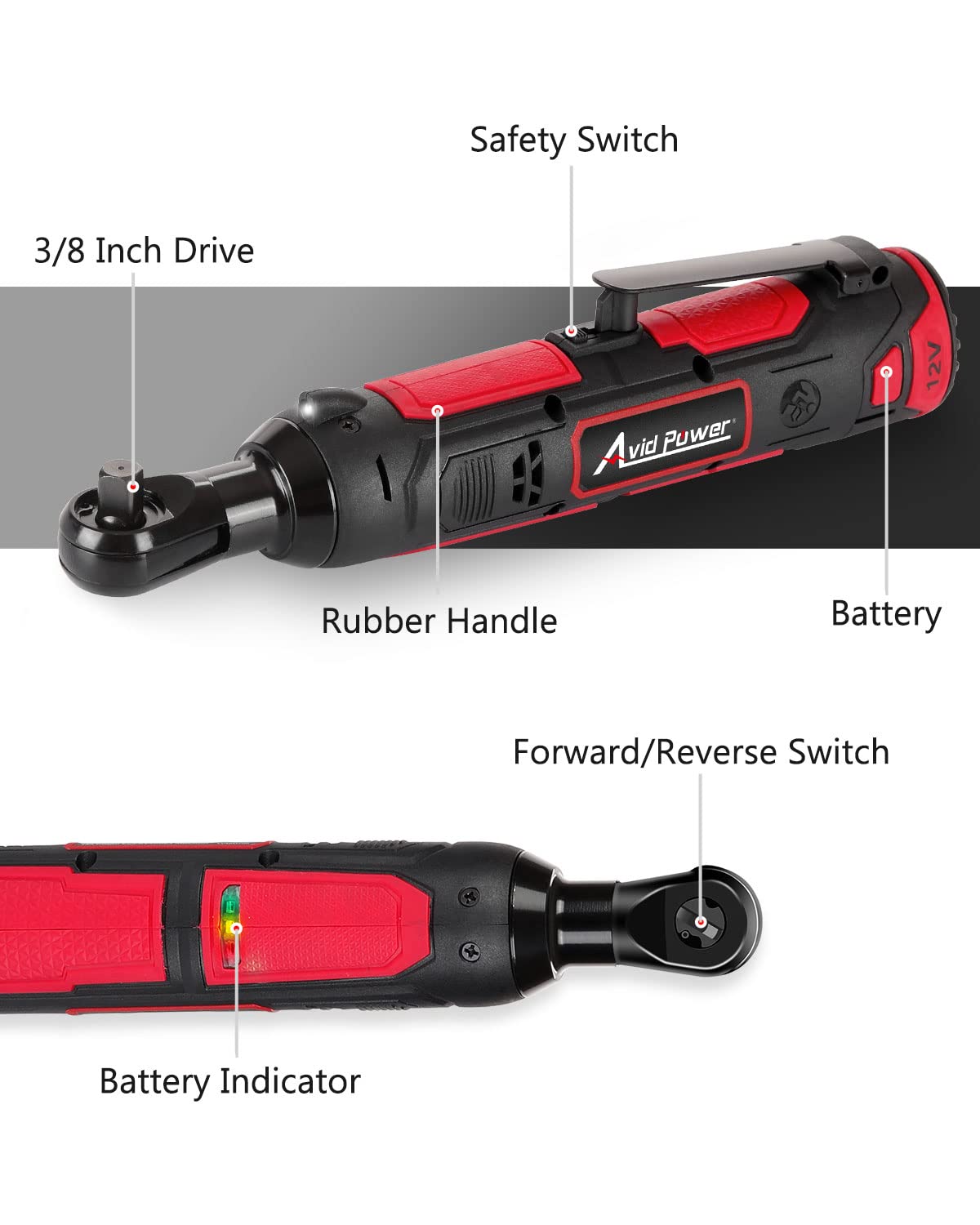 AVID POWER Cordless Electric Ratchet Wrench, 3/8" 50N.m (37 Ft-lbs) 12V Power Ratchet Wrench Kit w/Two 2.0Ah Batteries, 1-Hour Fast Charger, Variable Speed and 10 Sockets